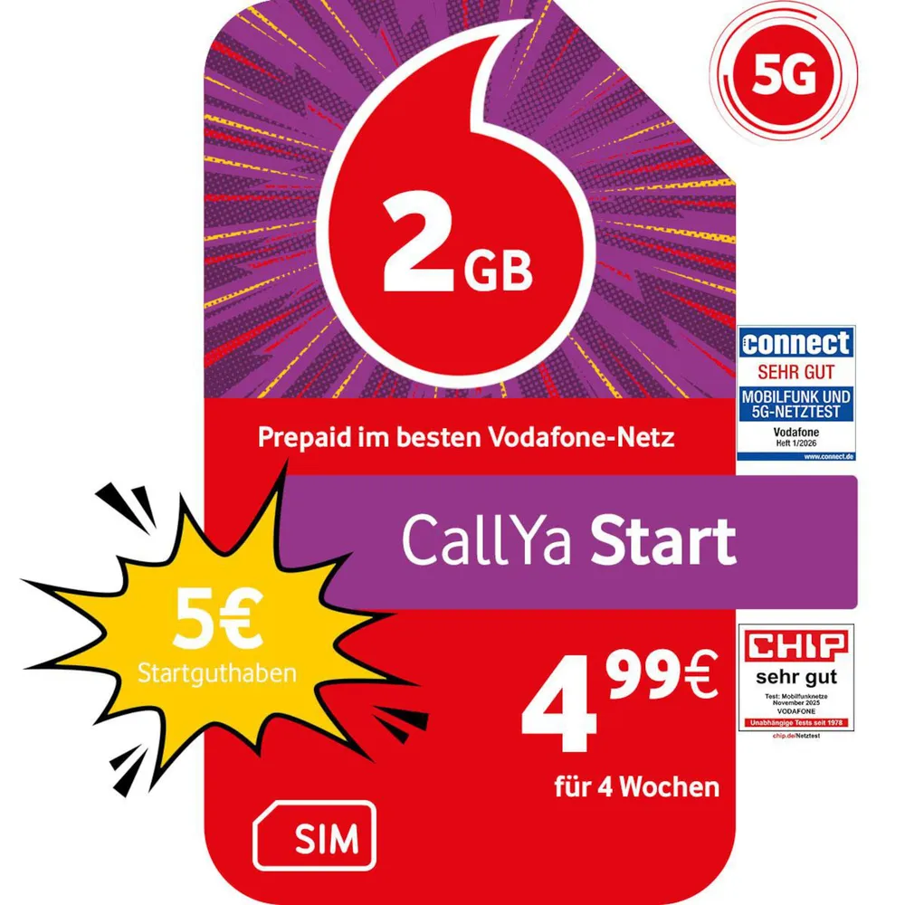 Vodafone Prepaid CallYa Start | 5 EUR Startguthaben | 1 Monat 2GB | 5G-Netz